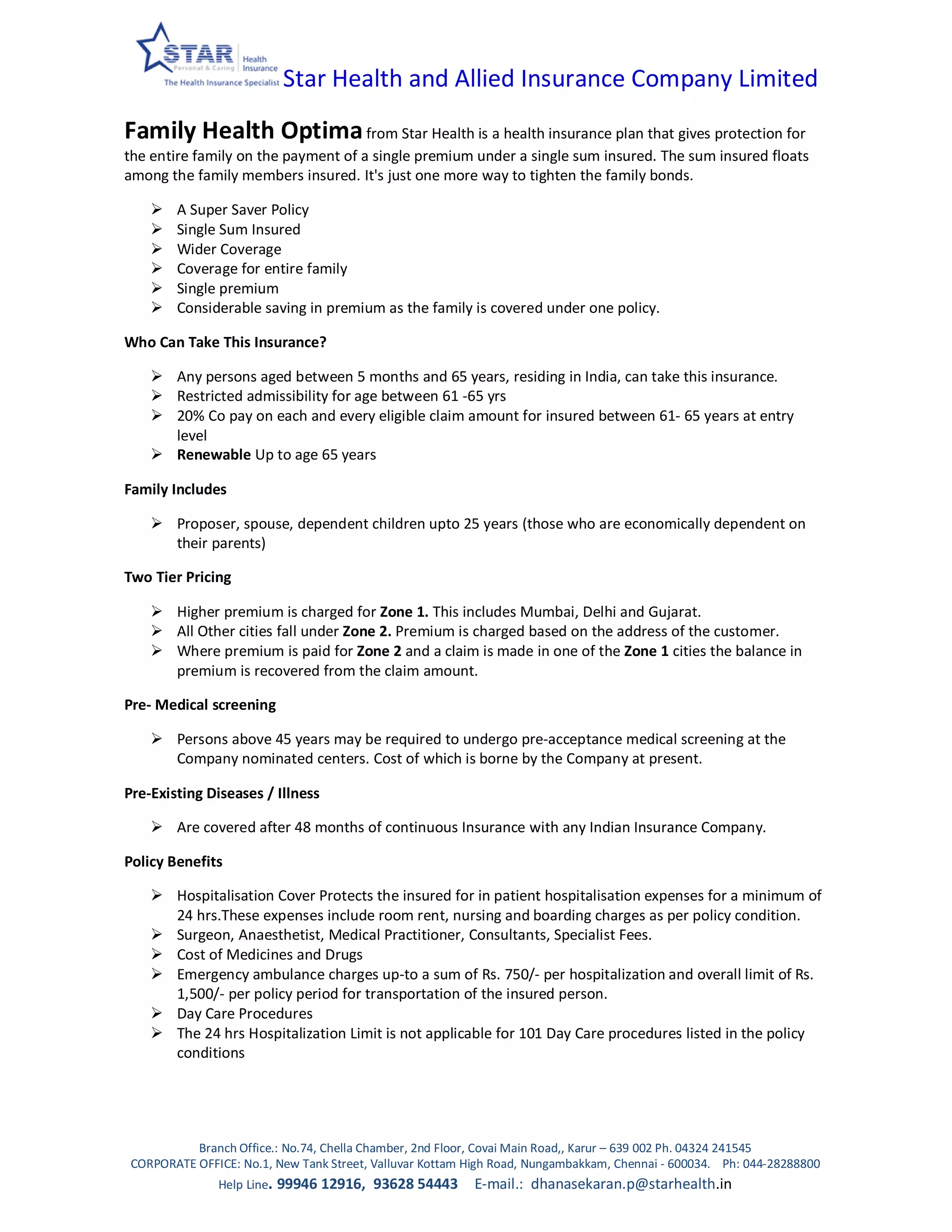 Star Health Insurance Coimbatore | Family Health Optima Policy Premium ...