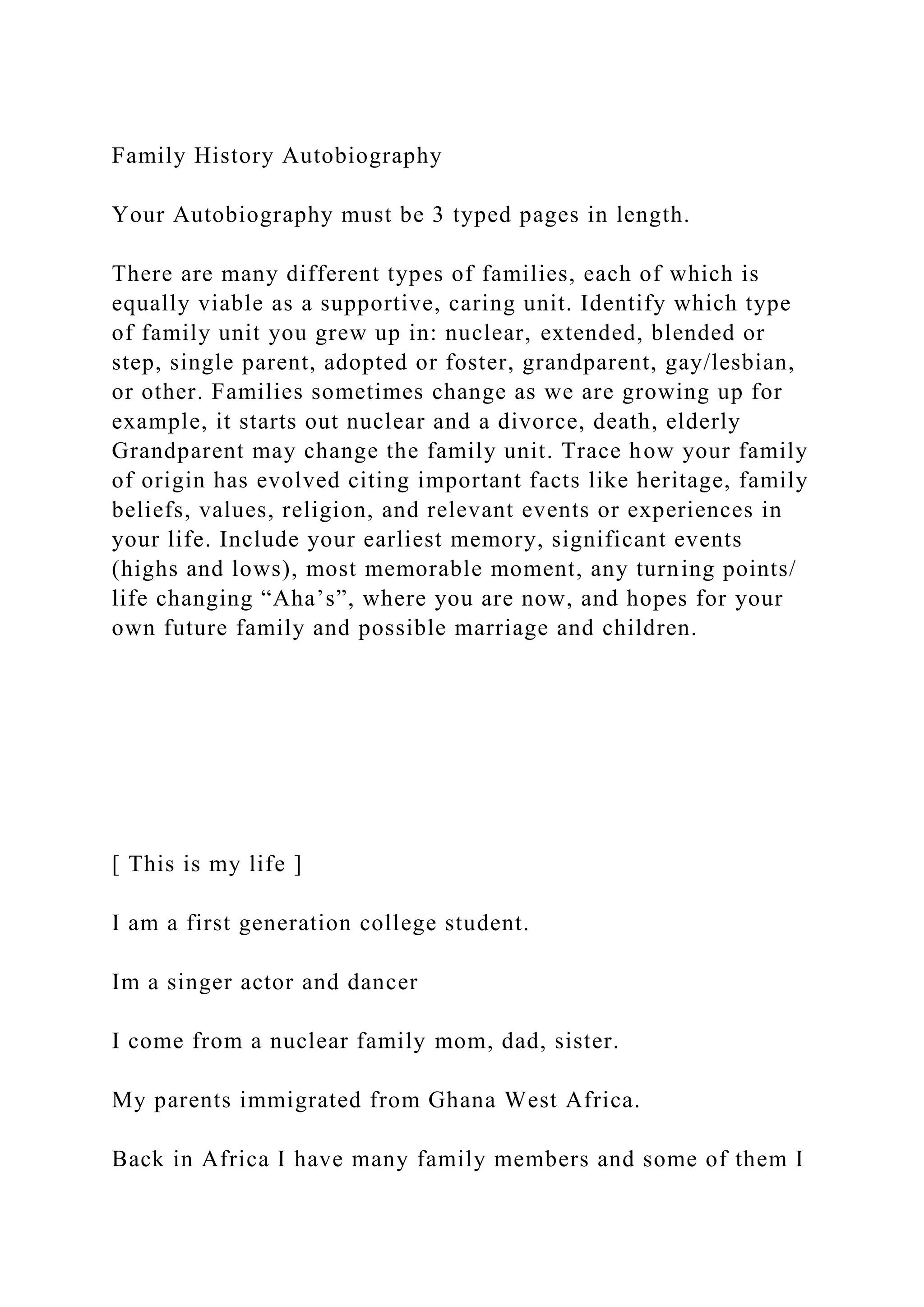 Family History AutobiographyYour Autobiography must be 3 typed p | DOCX