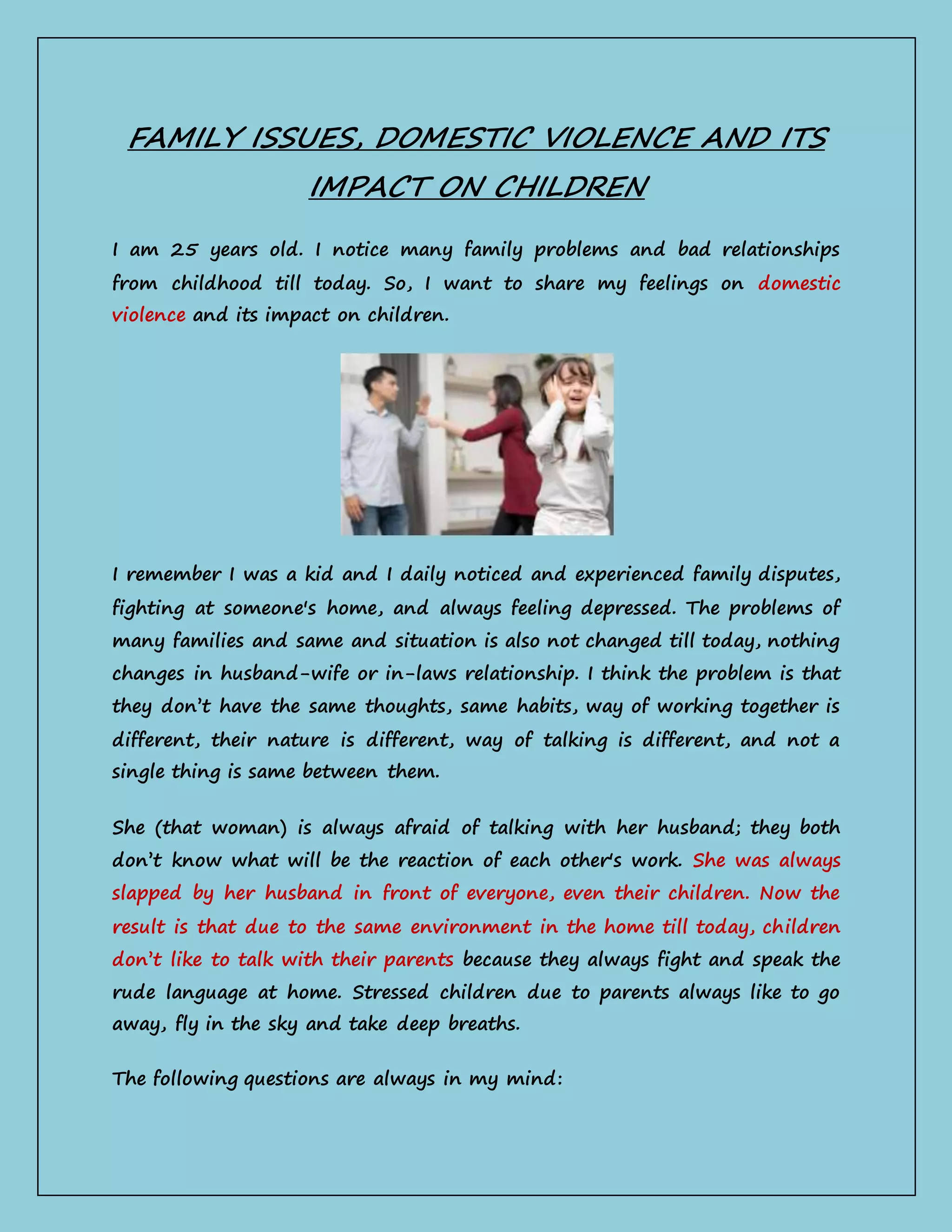 Family issues, domestic violence and its impact on childrens | DOCX