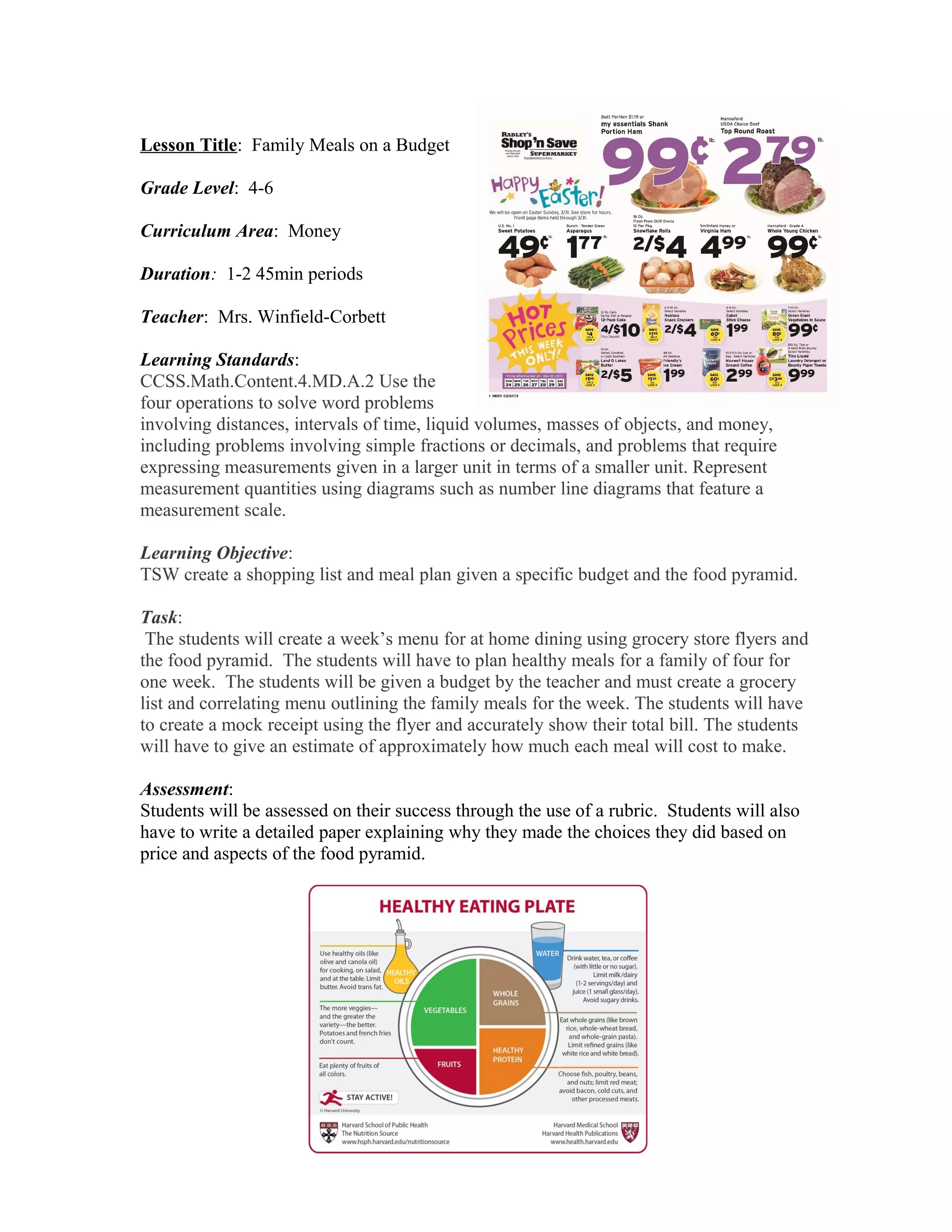 Family meals on a budget lesson plan | DOC