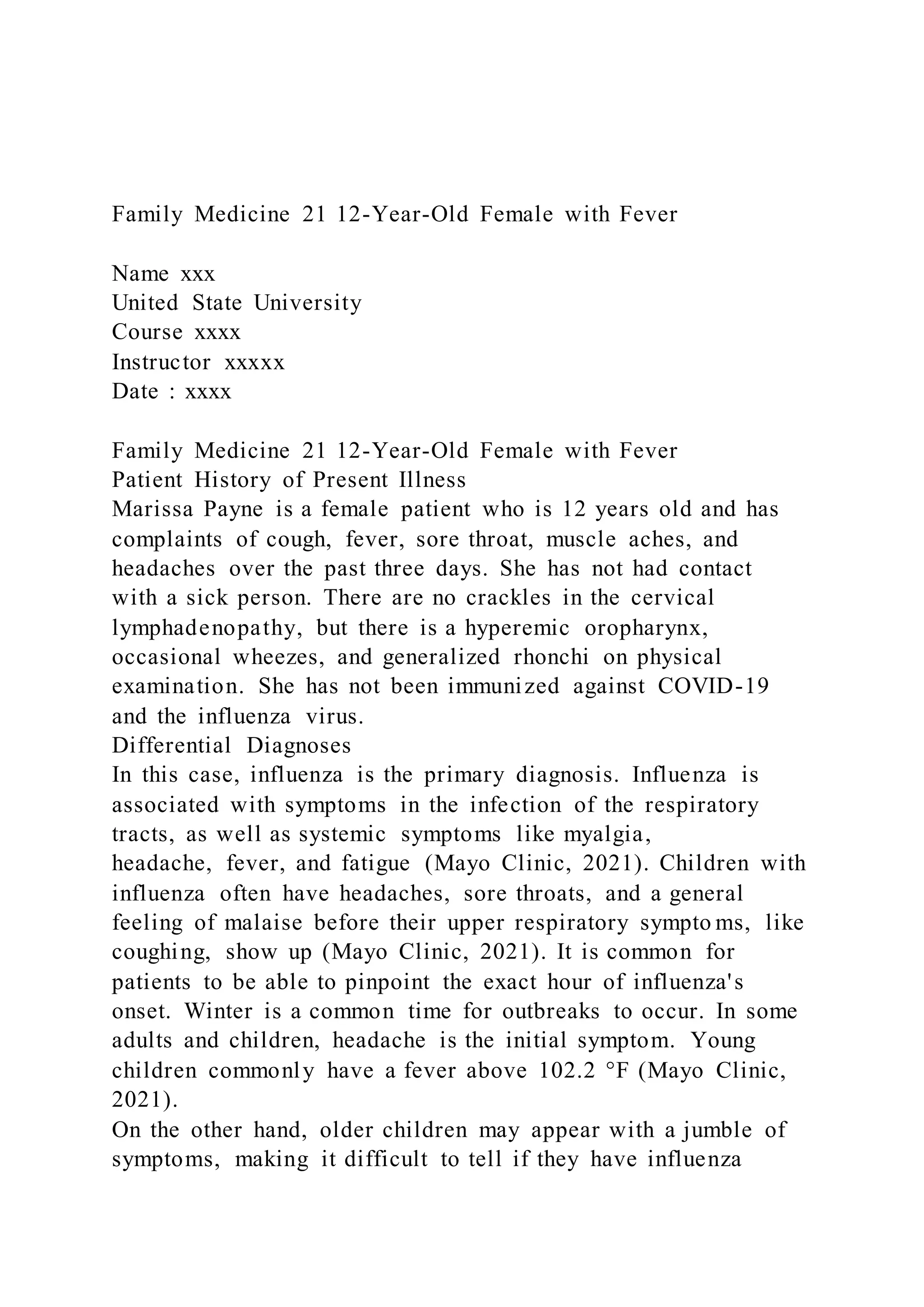 Family Medicine 21 12-Year-Old Female with Fever Name xxxU | DOCX