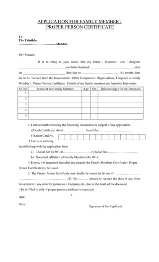 APPLICATION FOR FAMILY MEMBER / PROPER PERSON CERTIFICATE | PDF