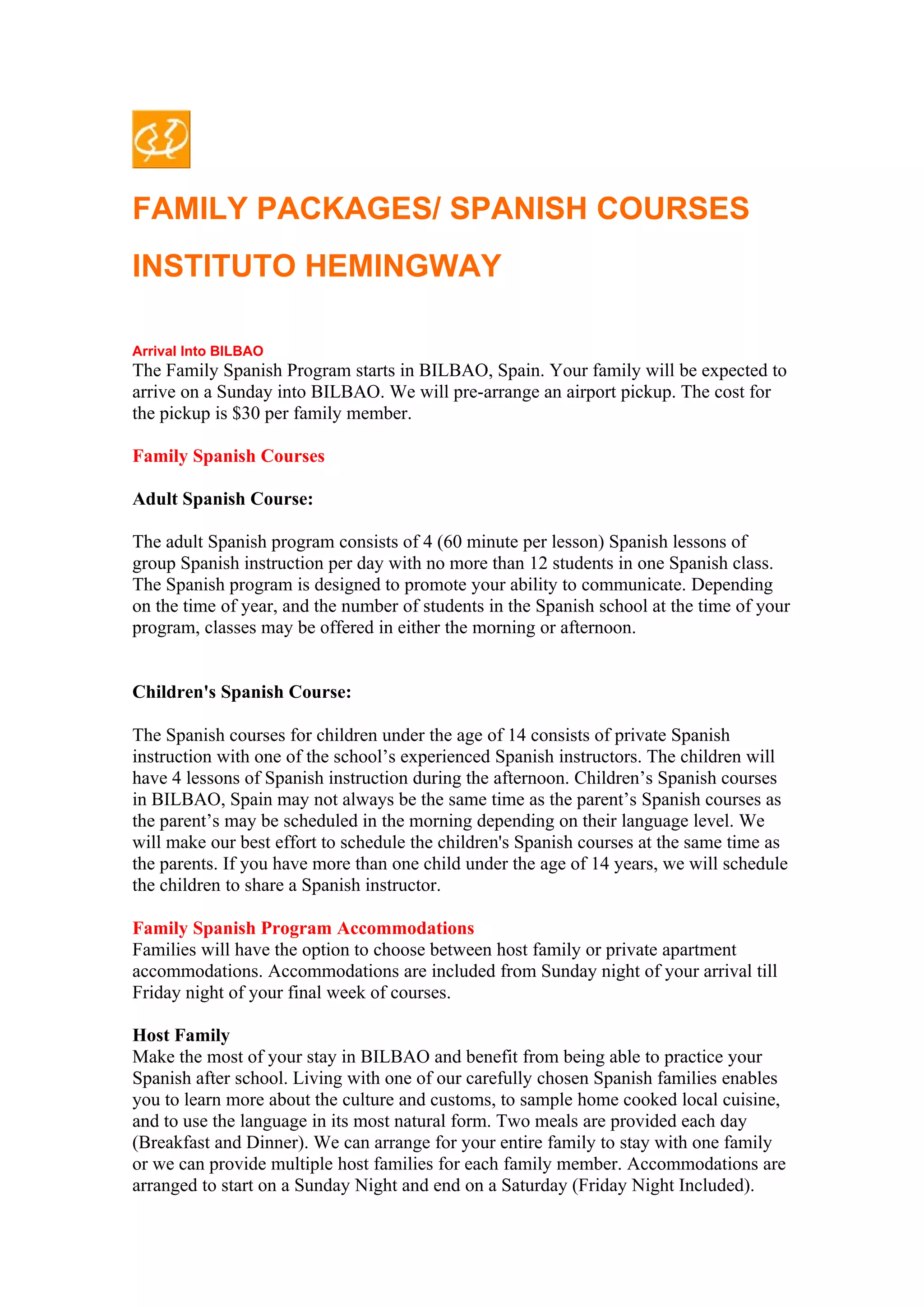 Family Packages Spanish courses Instituto Hemingway | PDF