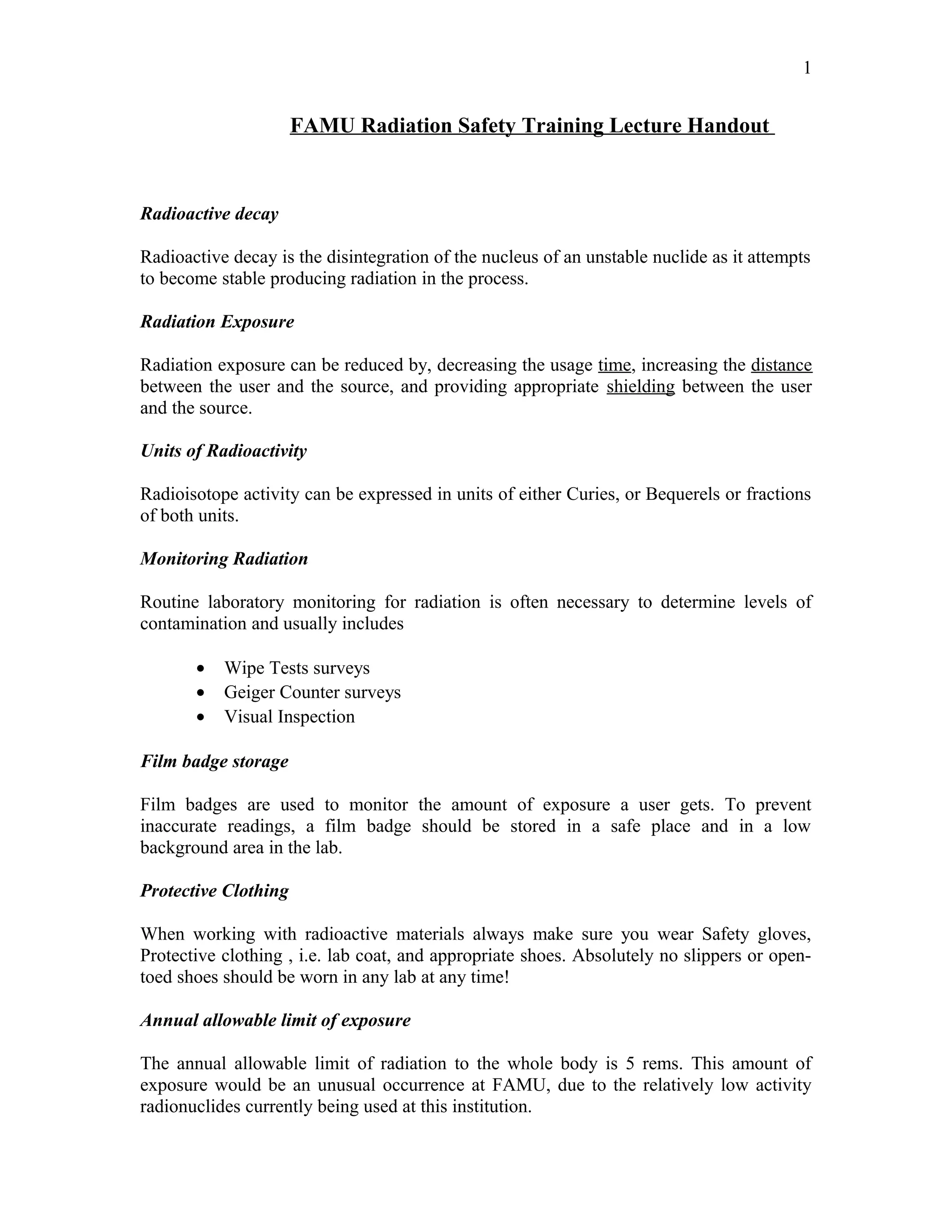 Famu radiation safety training lecture handout 1 | DOC