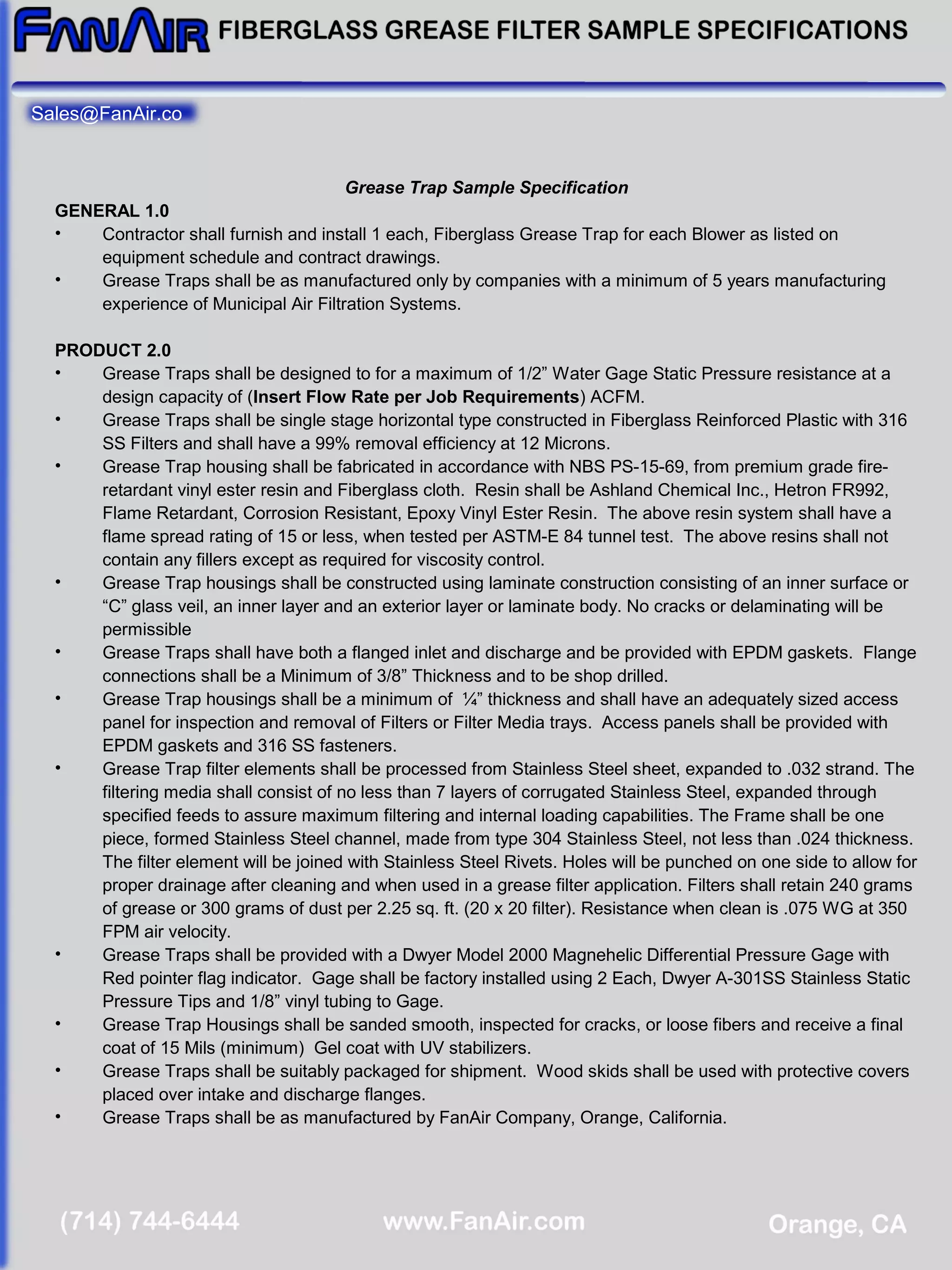 Fan air grease filter mist eliminator brochure | PDF