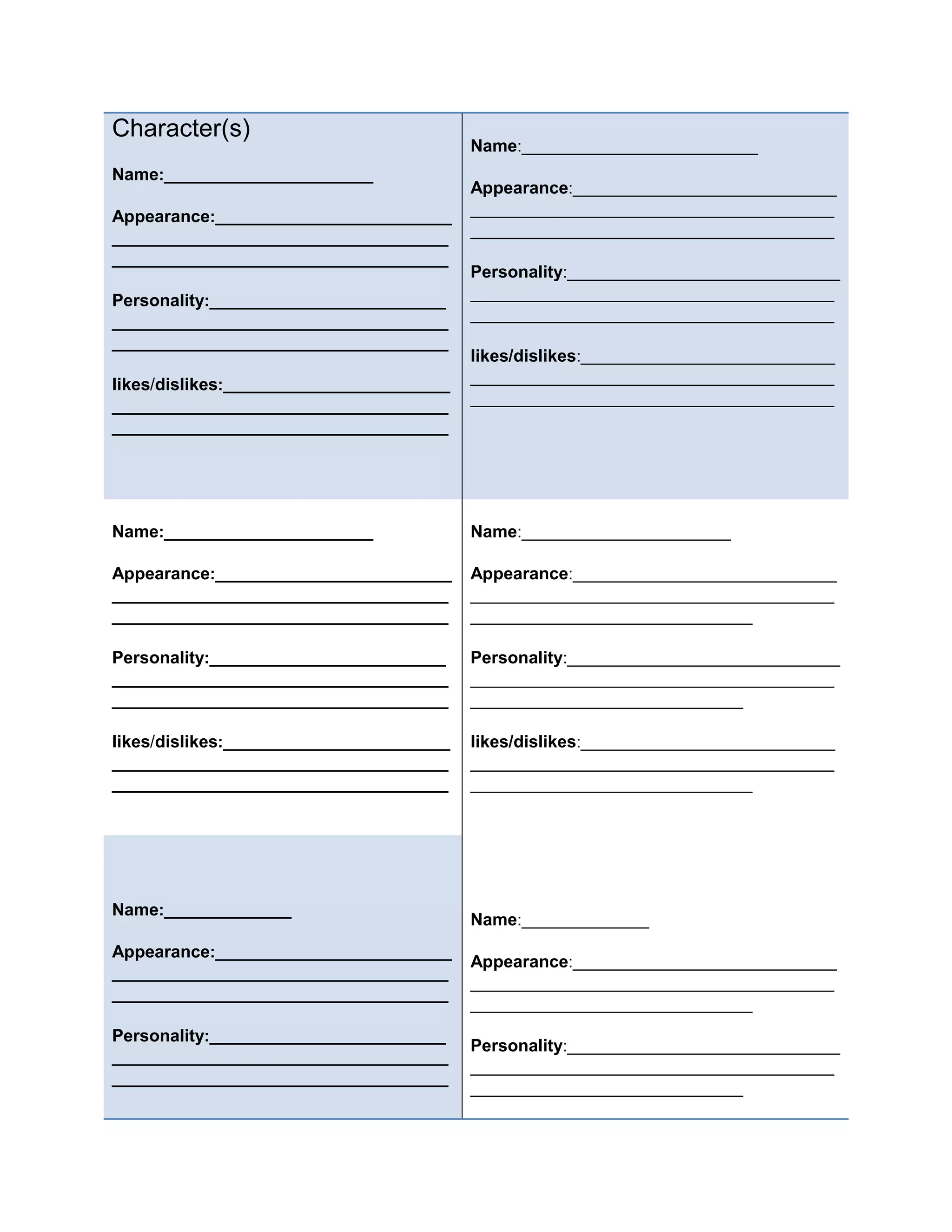 Fanfiction template worksheet | DOCX