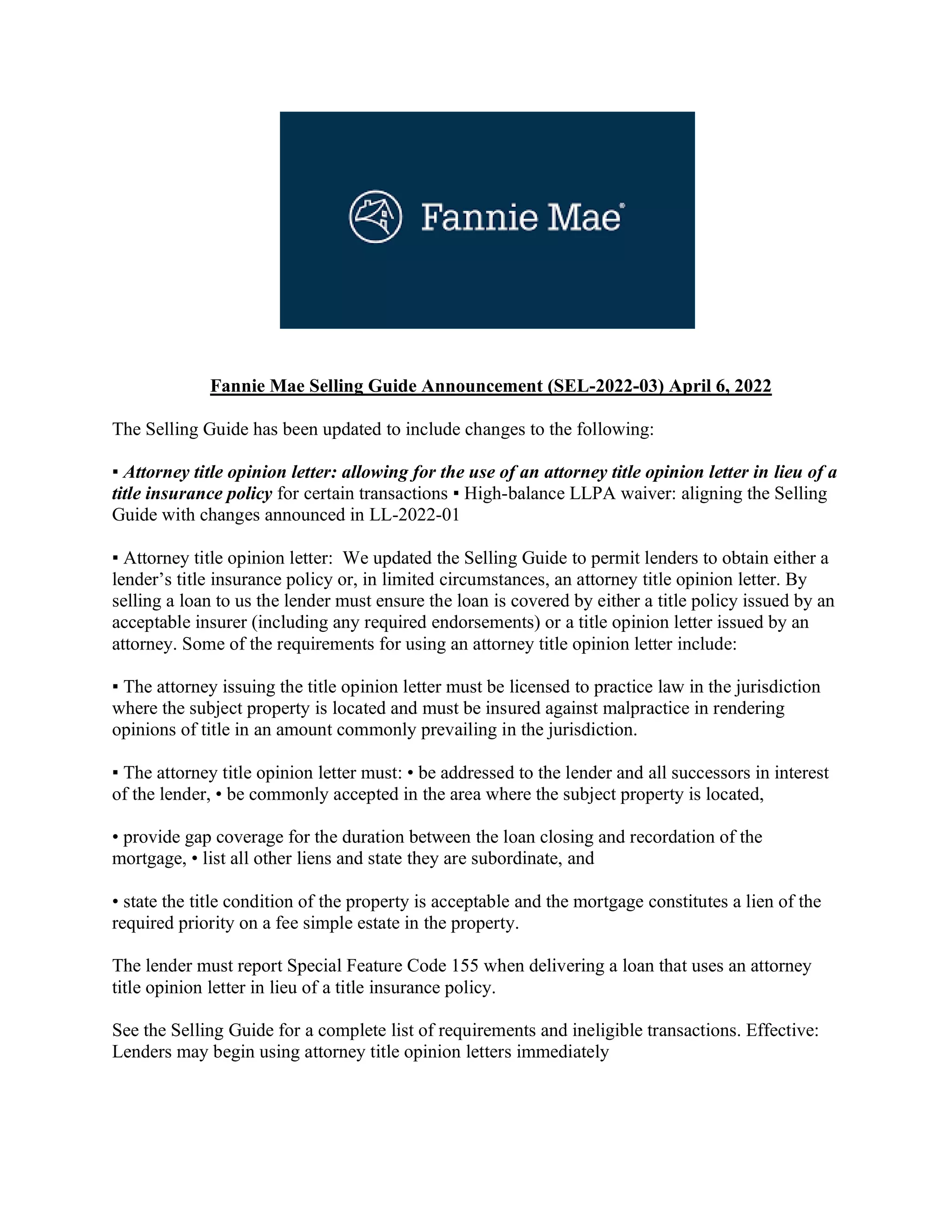 Fannie Mae AOL Selling Guide Announcement | PDF