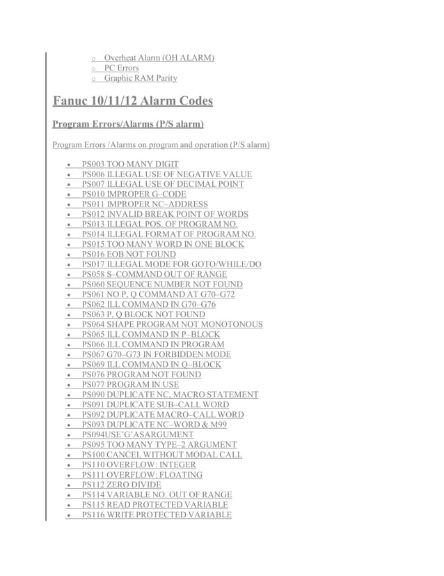 Fanuc 10 alarm list | PDF