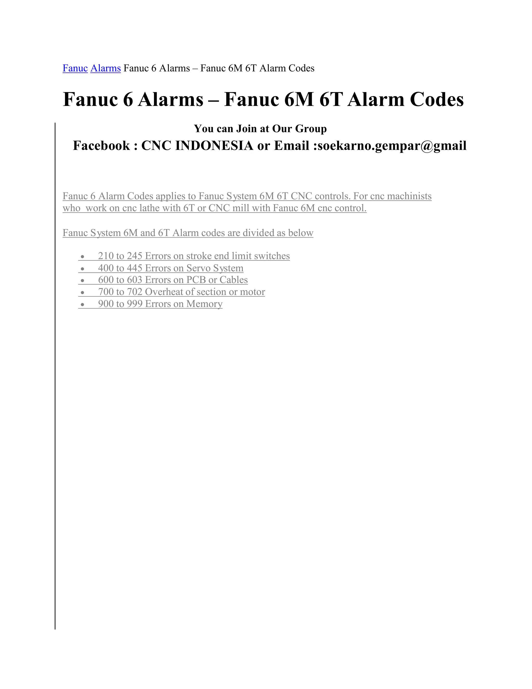 Fanuc alarms fanuc 6 alarms | PDF