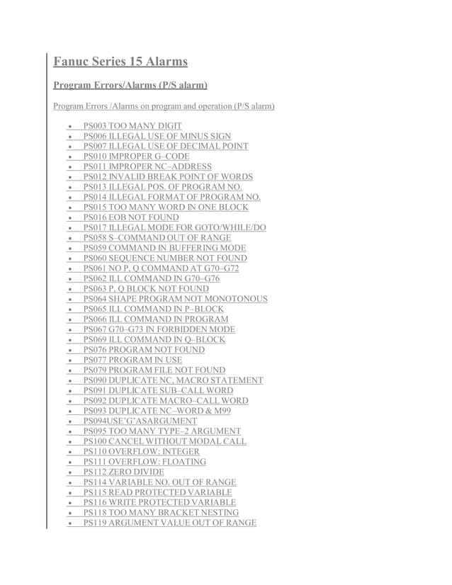 Fanuc alarms fanuc series 15 alarm codes | PDF