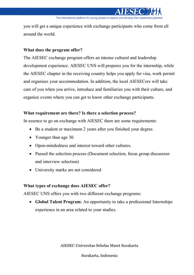 AIESEC UNS - Frequently Asked Questions (FAQ) | PDF