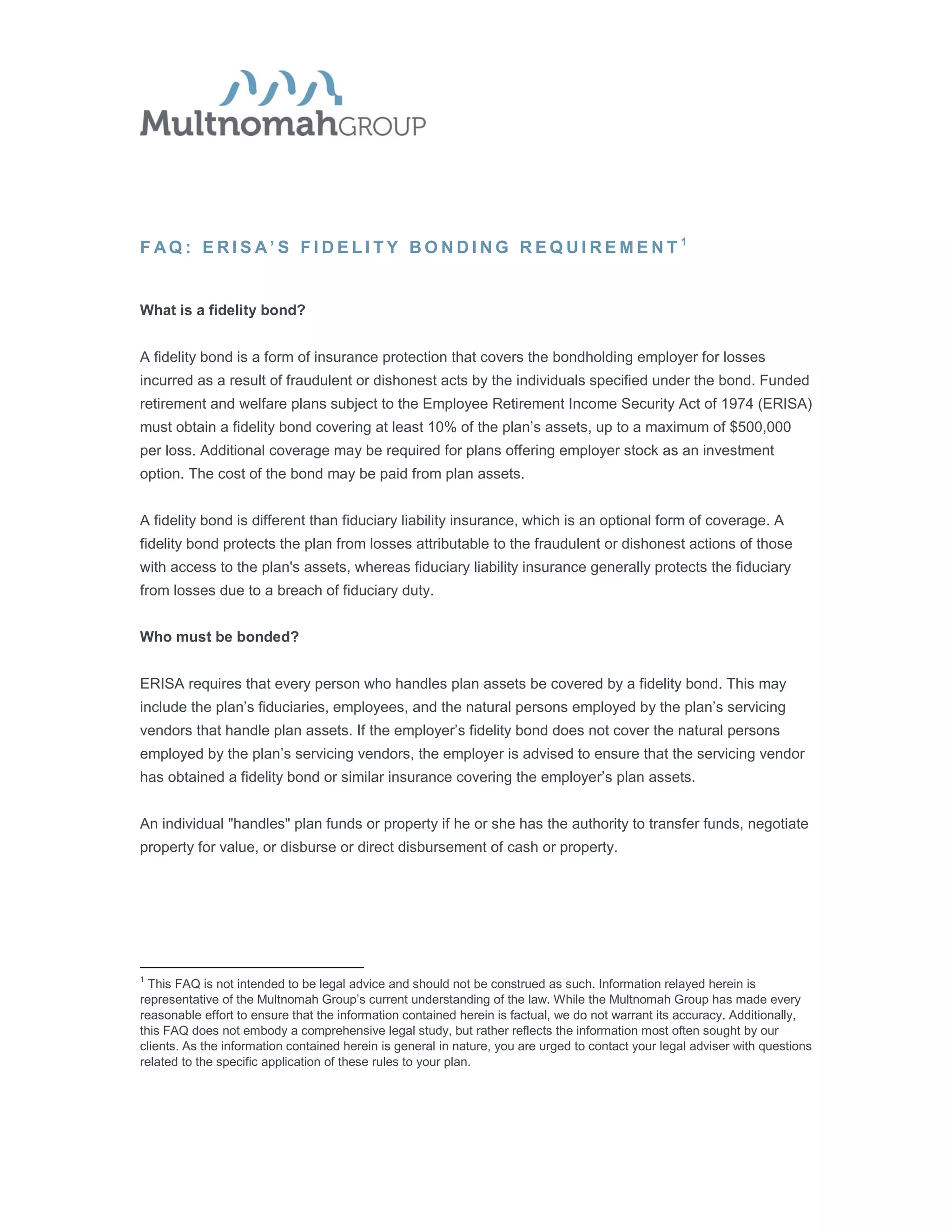 FAQ: ERISA's Fidelity Bonding Requirement | PDF