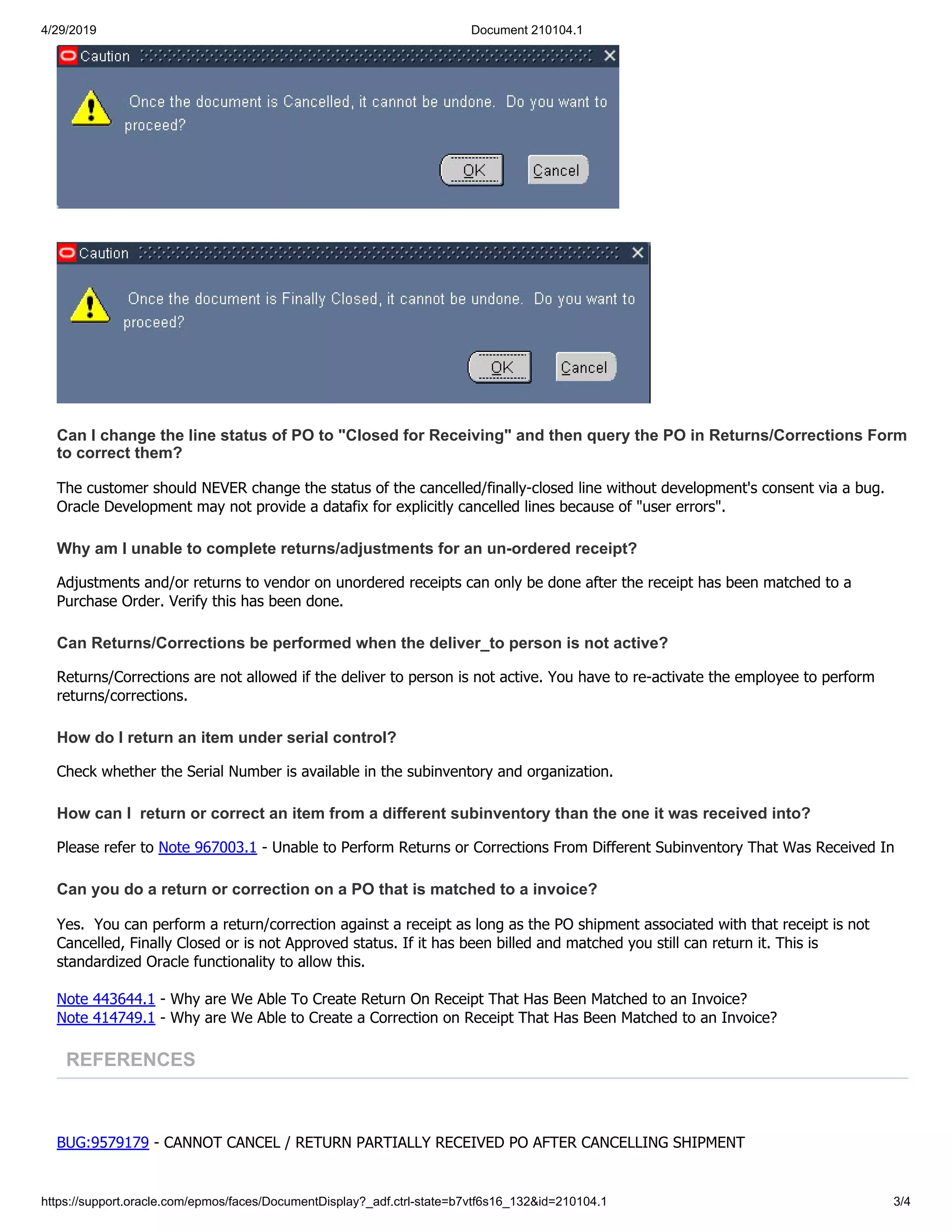 Faq receiving returns and corrections document Oracle apps | PDF