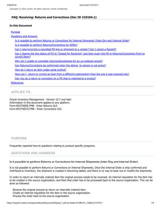 Faq receiving returns and corrections document Oracle apps | PDF