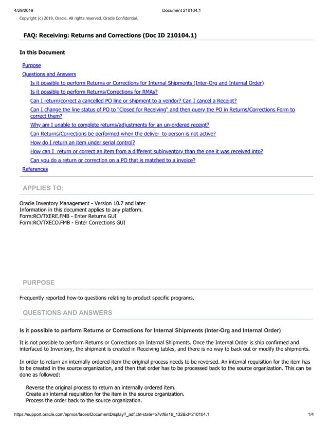 Faq receiving returns and corrections document Oracle apps | PDF ...