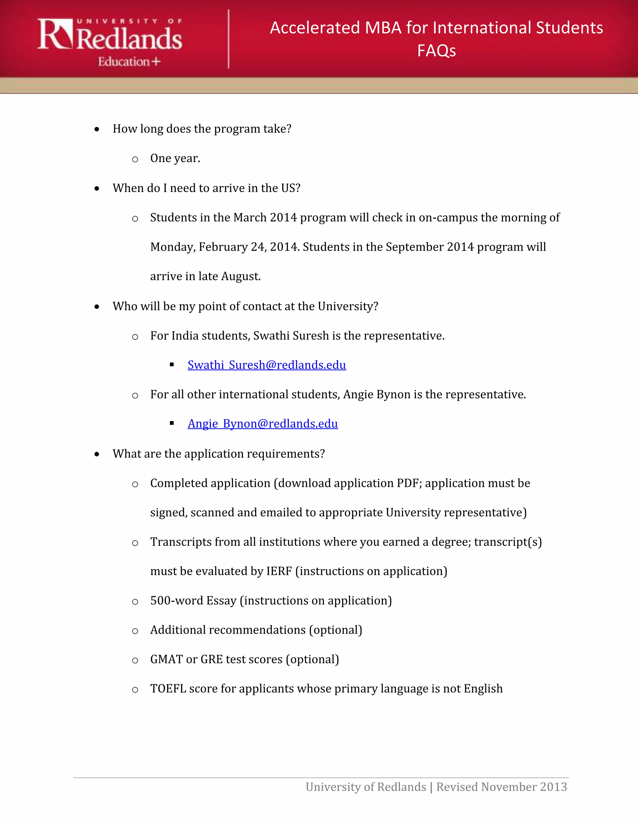 University of Redlands - 1 Year MBA FAQ's | DOCX