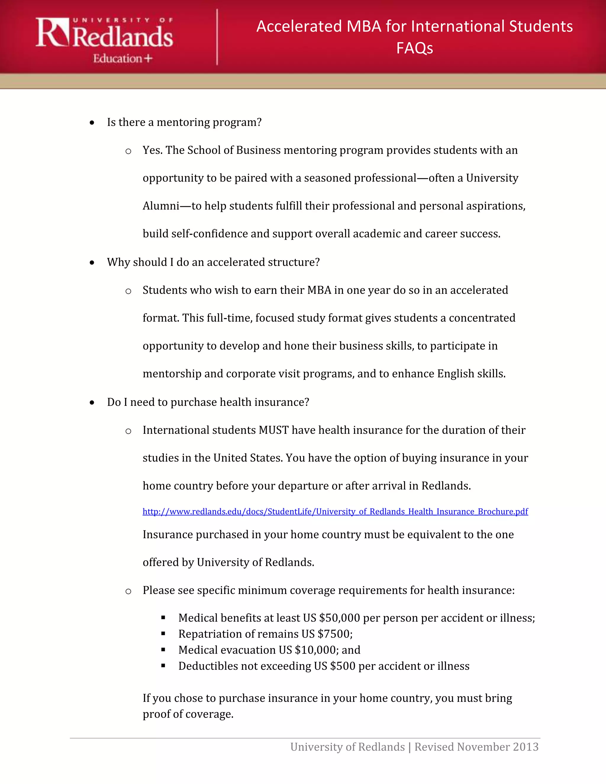 University of Redlands - 1 Year MBA FAQ's | DOCX