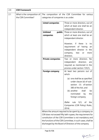 FAQs on Corporate Social Responsibility (CSR) | PDF