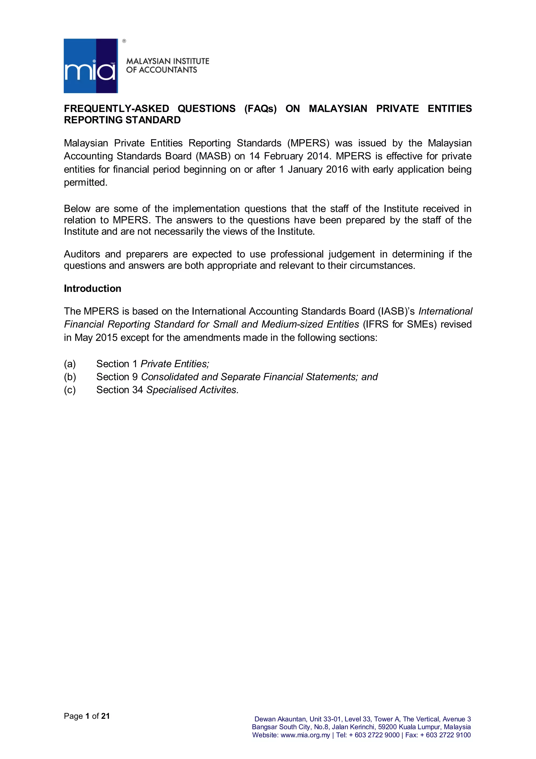 FREQUENTLY-ASKED QUESTIONS (FAQs) ON MALAYSIAN PRIVATE ENTITIES REPORTING STANDARD | PDF