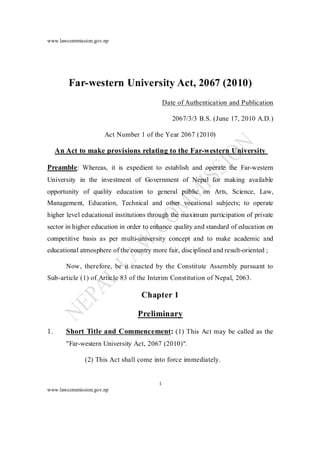 Far Western University Act, 2067 (2010) | PDF