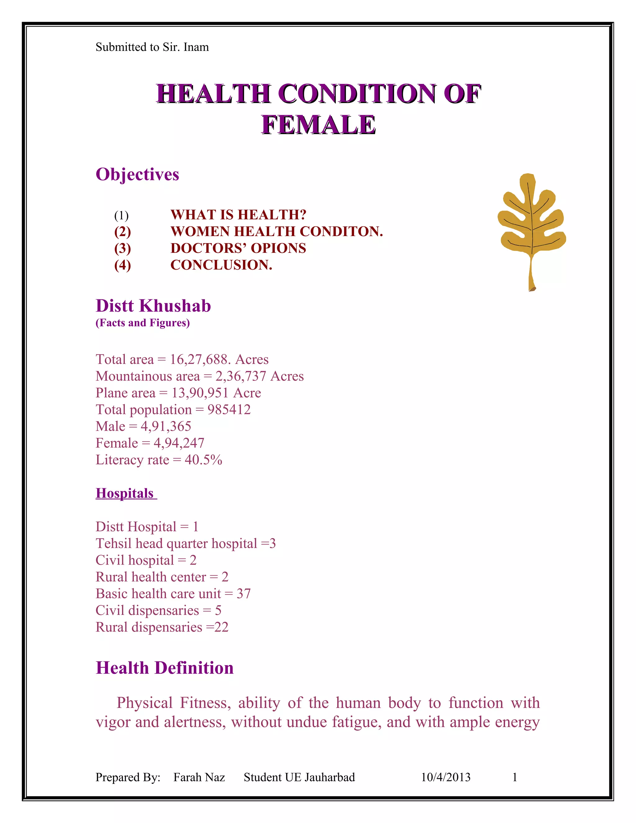 Female Health Condition - Jauharabad | PDF