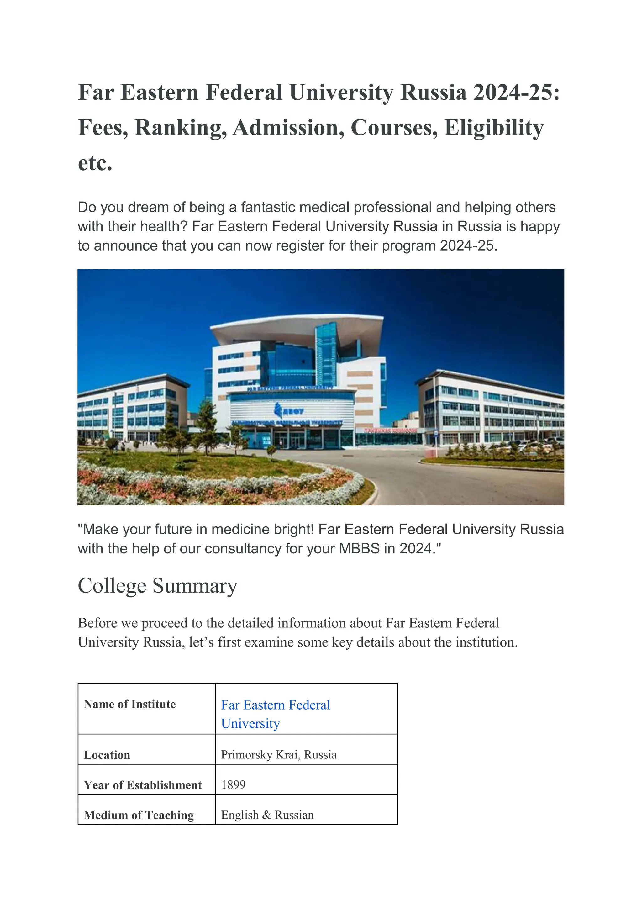 Far Eastern Federal University Russia 2024-25: Fees, Ranking, Admission ...