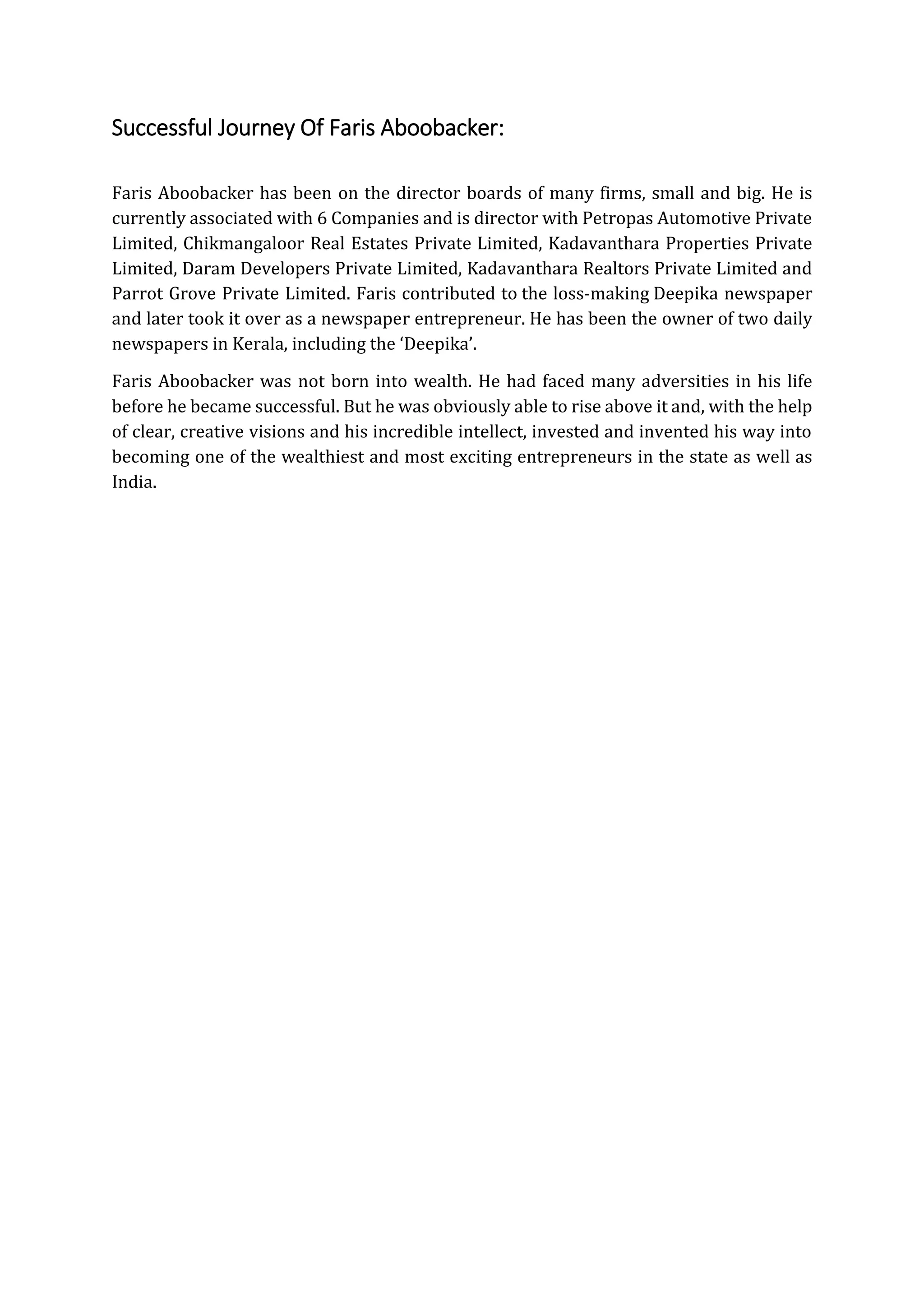 The Success Story of Faris Aboobacker | DOCX | Business | Business and Finance