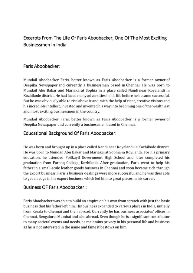 The Success Story of Faris Aboobacker | DOCX | Business | Business and ...