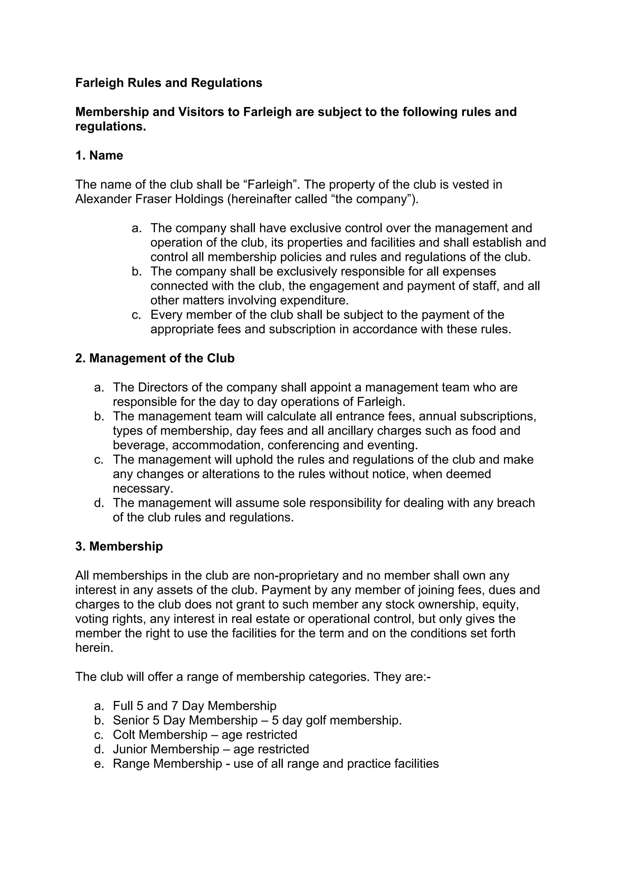 Farleigh Membership Rules and Regulations | PDF