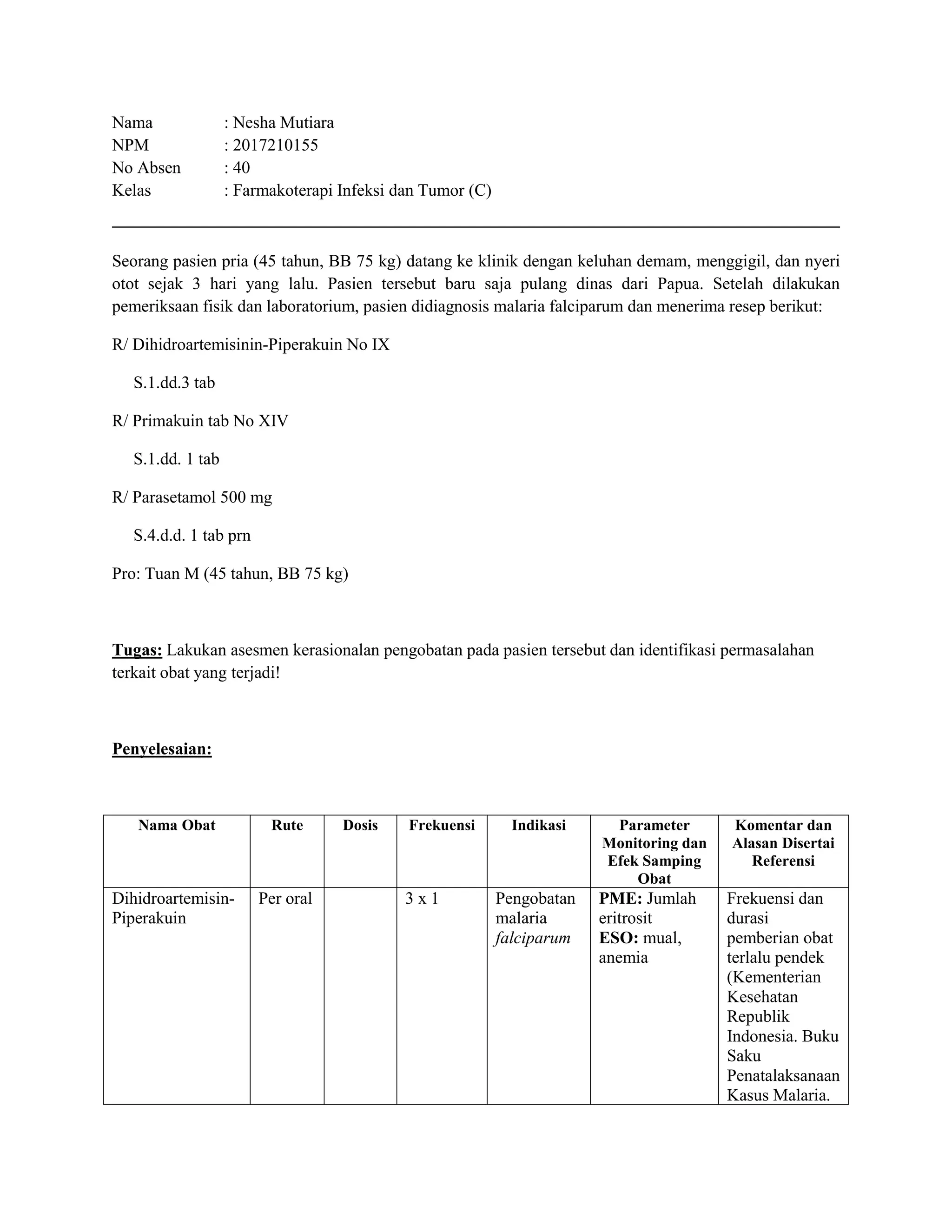 Farmakoterapi Infeksi : Studi Kasus Tatalaksana Malaria | PDF