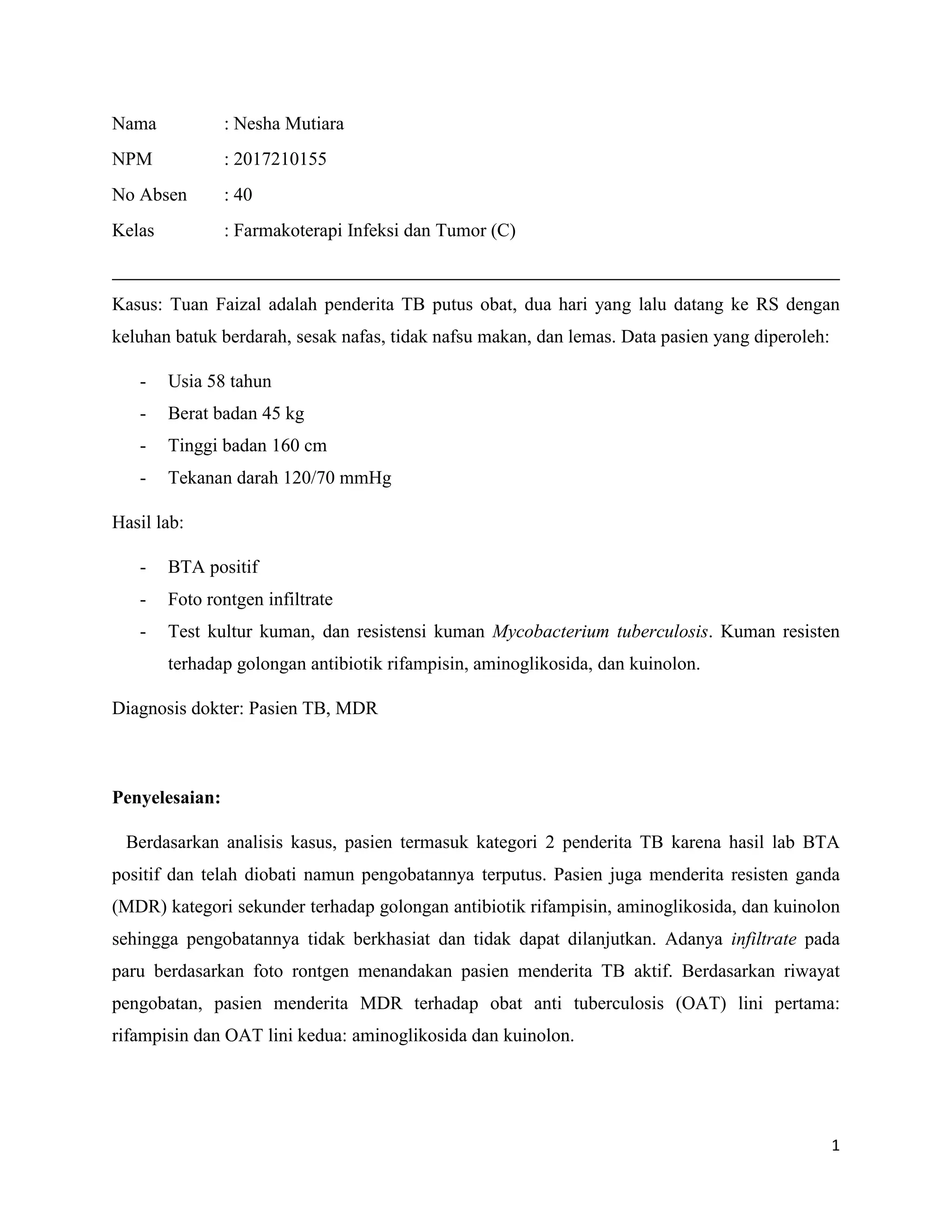 Farmakoterapi Infeksi : Studi Kasus Tatalaksana TBC MDR | PDF