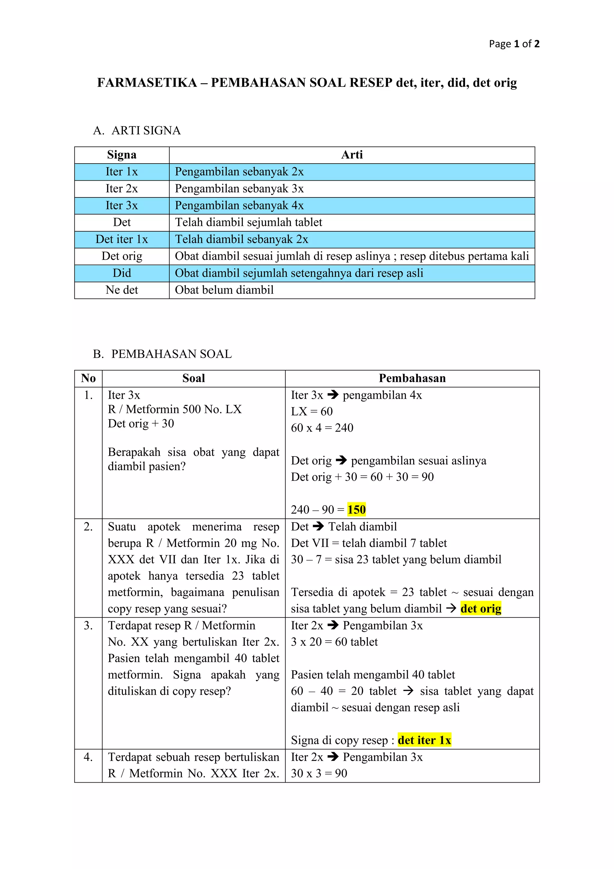 FARMASETIKA – PEMBAHASAN SOAL RESEP det, iter, did, det orig | PDF