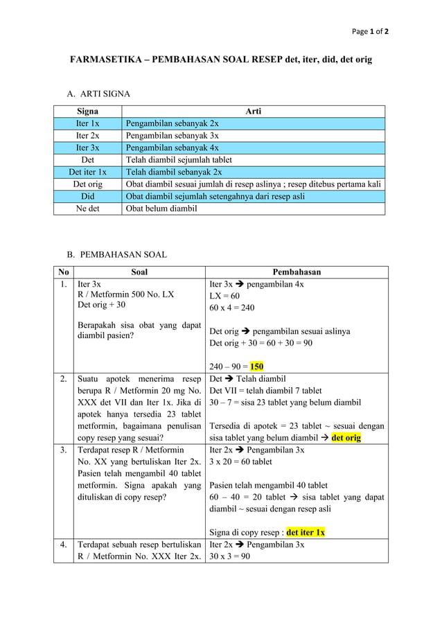FARMASETIKA – PEMBAHASAN SOAL RESEP det, iter, did, det orig | PDF