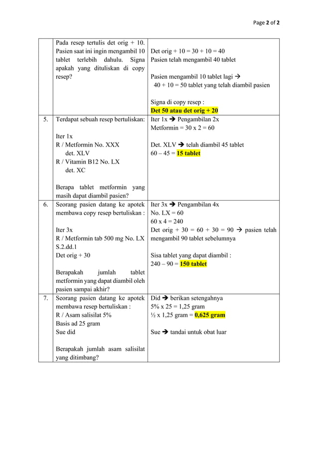 FARMASETIKA – PEMBAHASAN SOAL RESEP det, iter, did, det orig | PDF