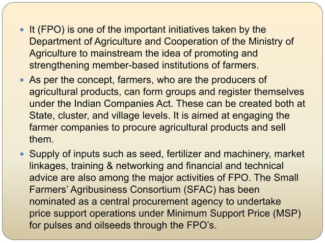 Farmer producer organization (fpo) | PPTX | Agriculture | Industries