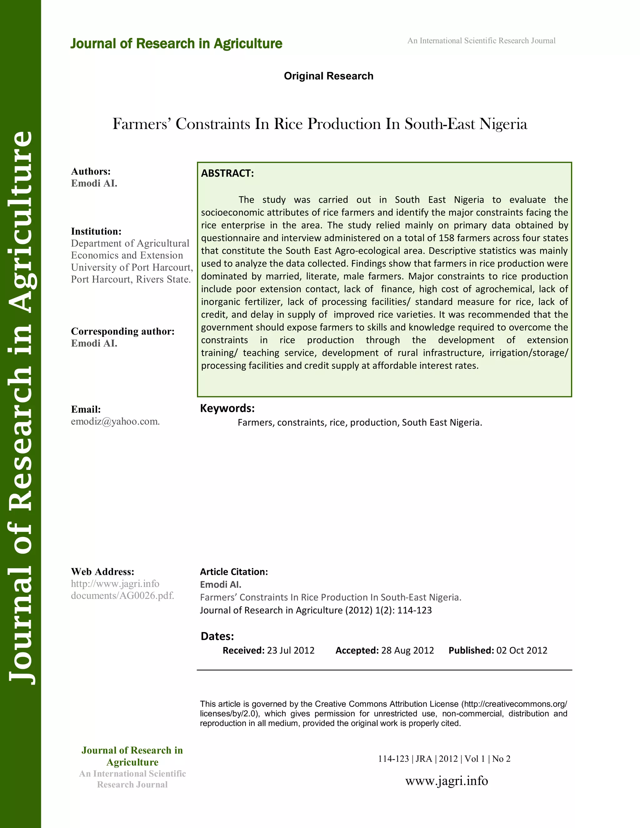 Farmers’ constraints in rice production in South-East Nigeria | PDF