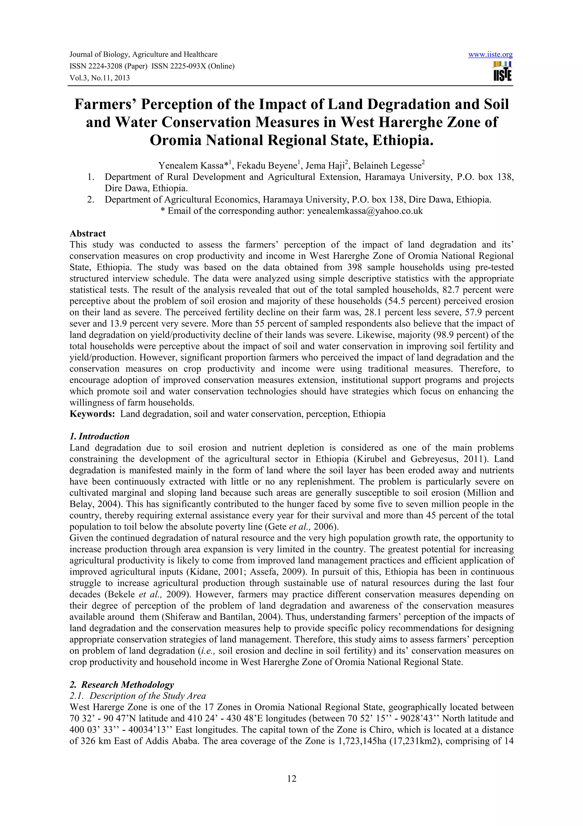 Farmers’ perception of the impact of land degradation and soil and water conservation measures ...