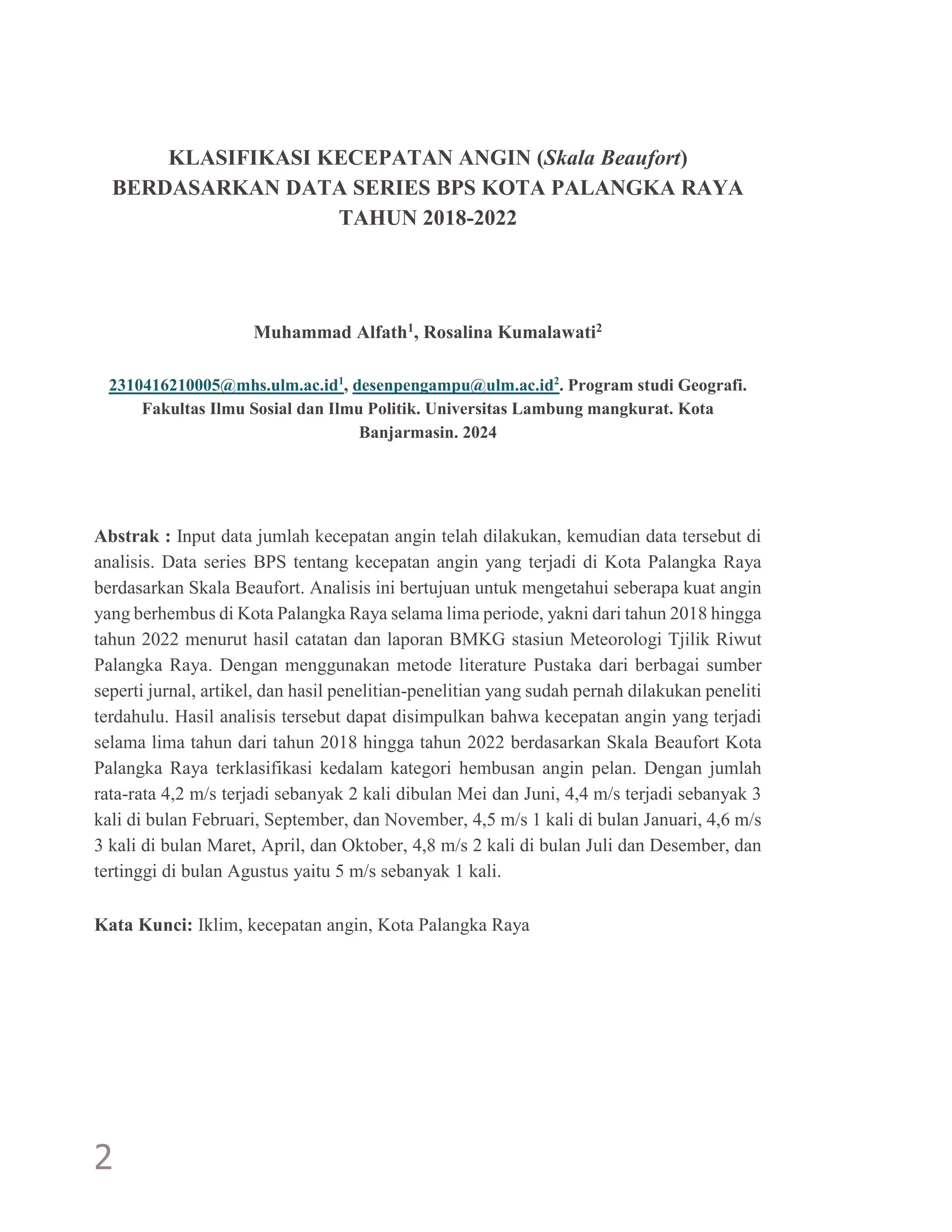 Analisis Jumlah Kecepatan Angin berdasarkan Skala Beaufort dari Time Series BPS Kota Palangka ...