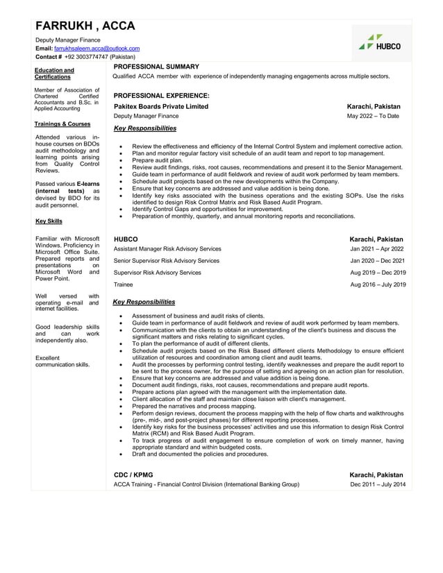 Farrukh ACCA CV with Good Experience in Finance | PDF
