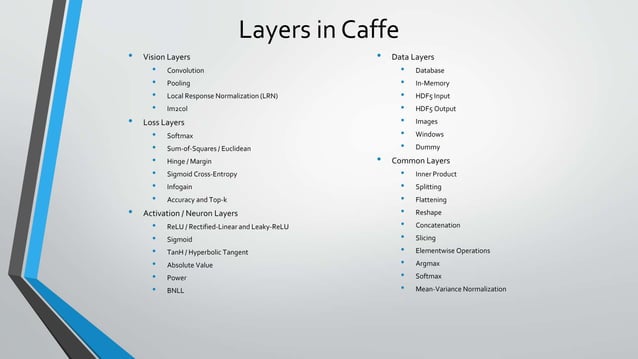 Layers in Deep Learning & Caffe layers (model architecture ) | PPT