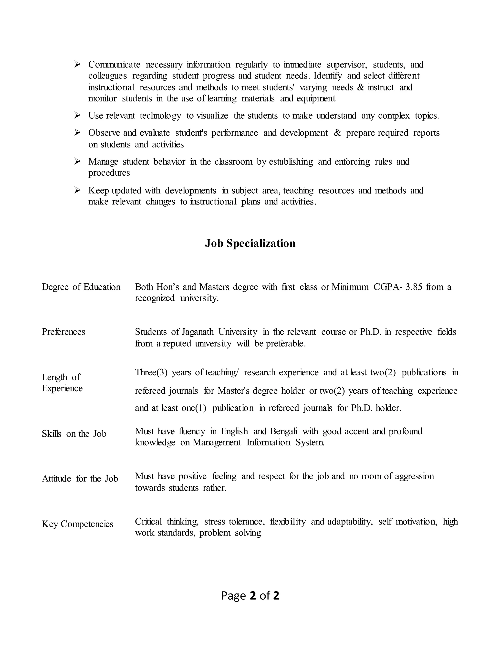 Job Description of a University Teacher | DOCX