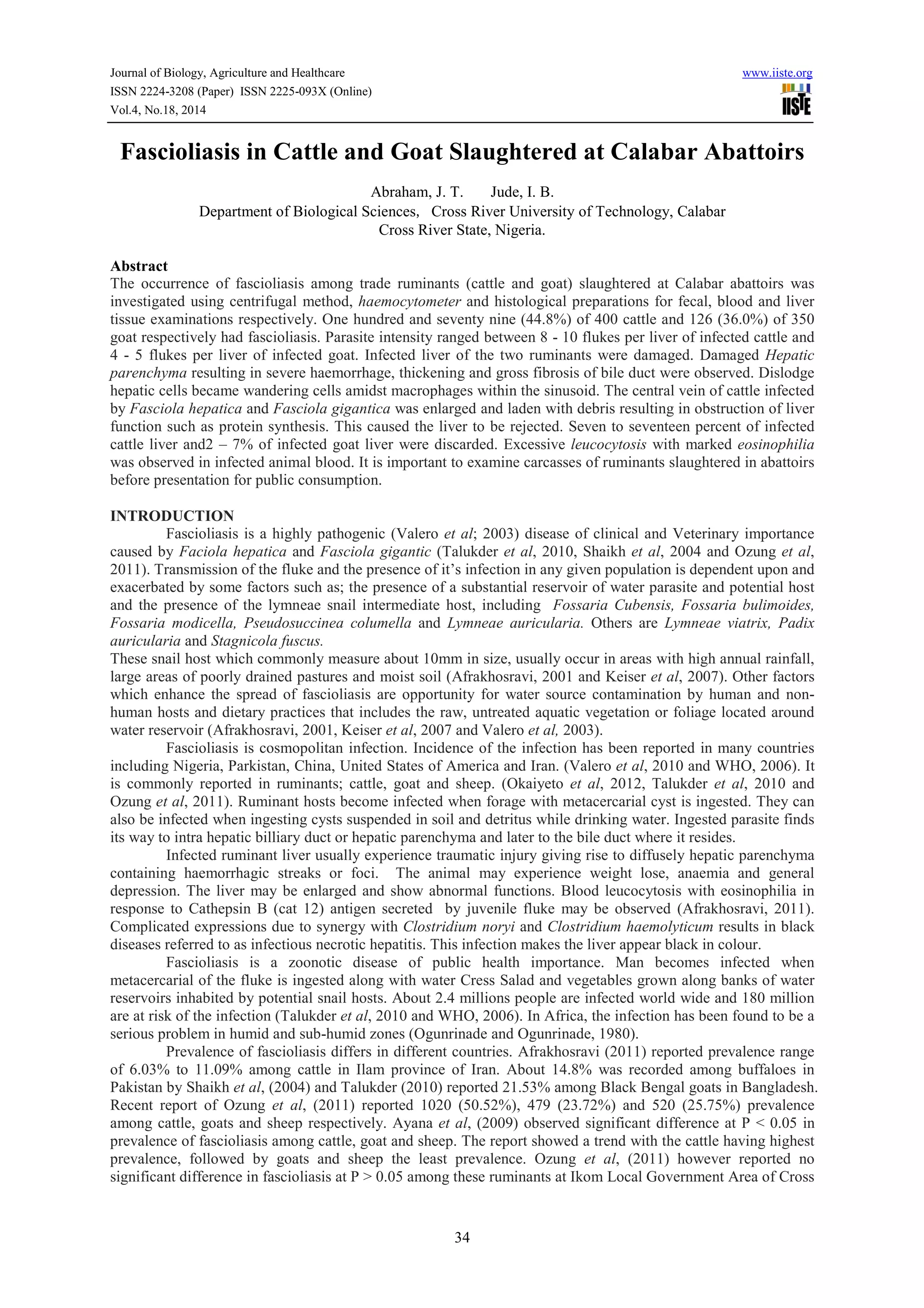 Fascioliasis in cattle and goat slaughtered at calabar abattoirs | PDF