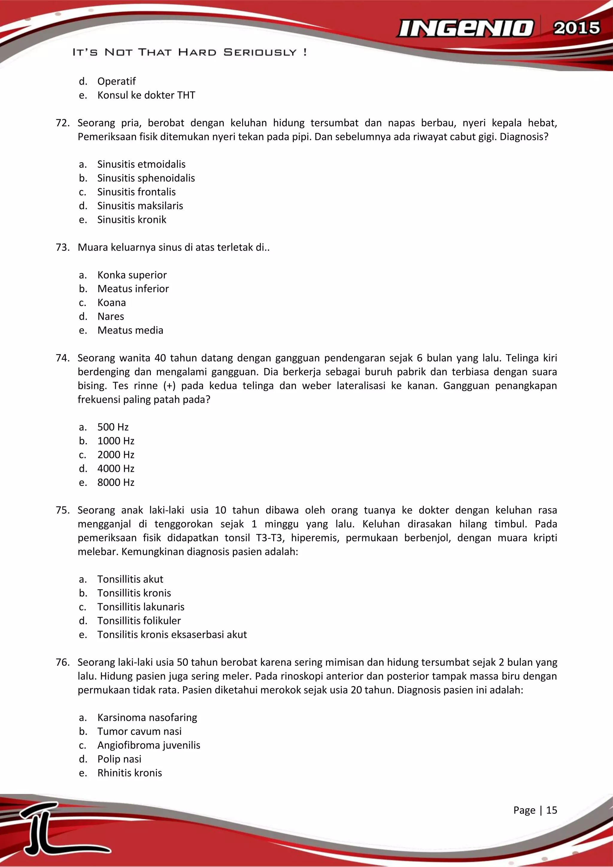 Soal-soal latihan UKMPPD fase cepat THT 2016 | PDF