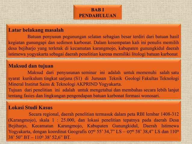 FASIES & LINGKUNGAN PENGENDAPAN BATUAN KARBONAT FORMASI WONOSARI-LOKASI ...