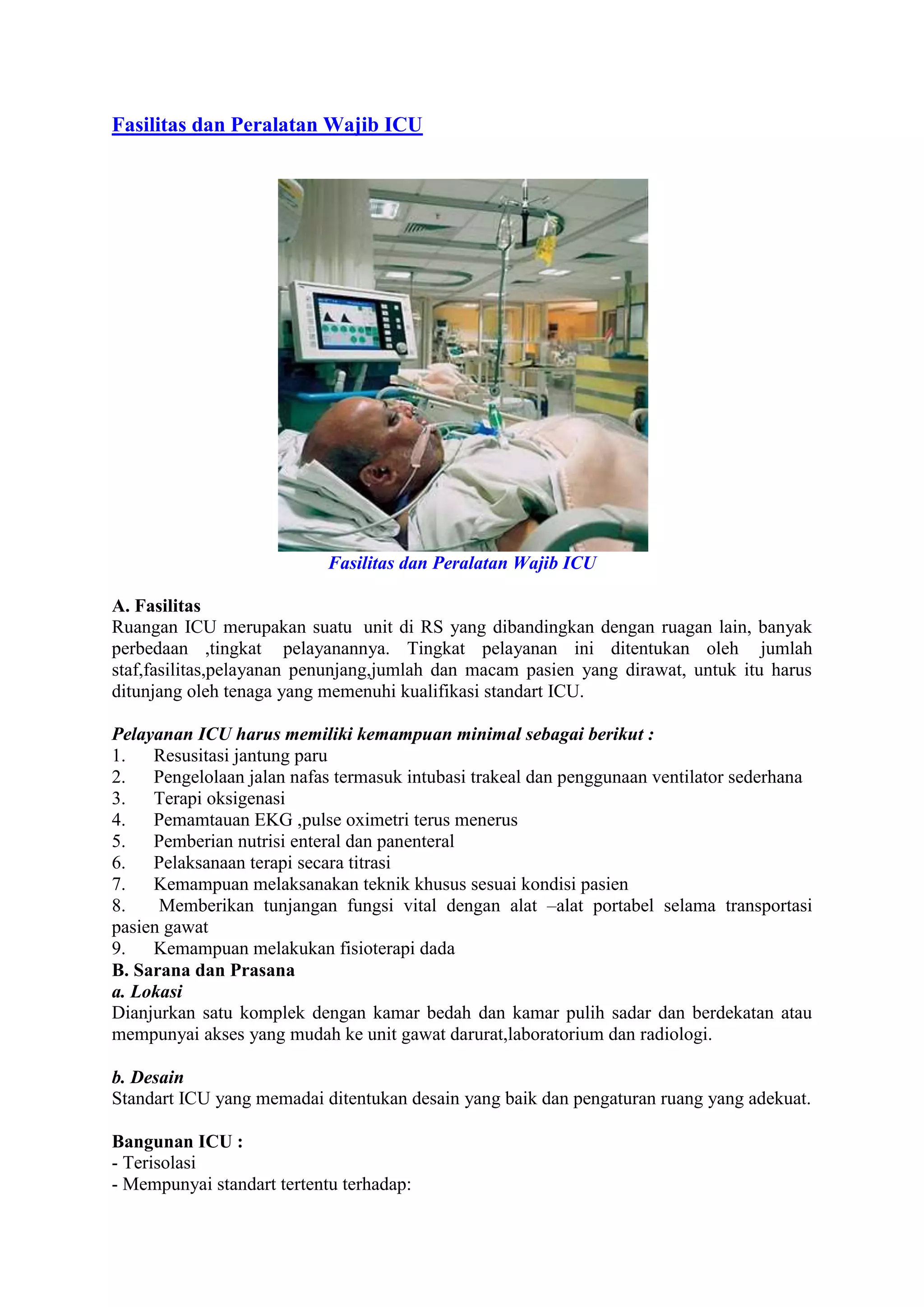 Fasilitas dan peralatan wajib icu | DOCX