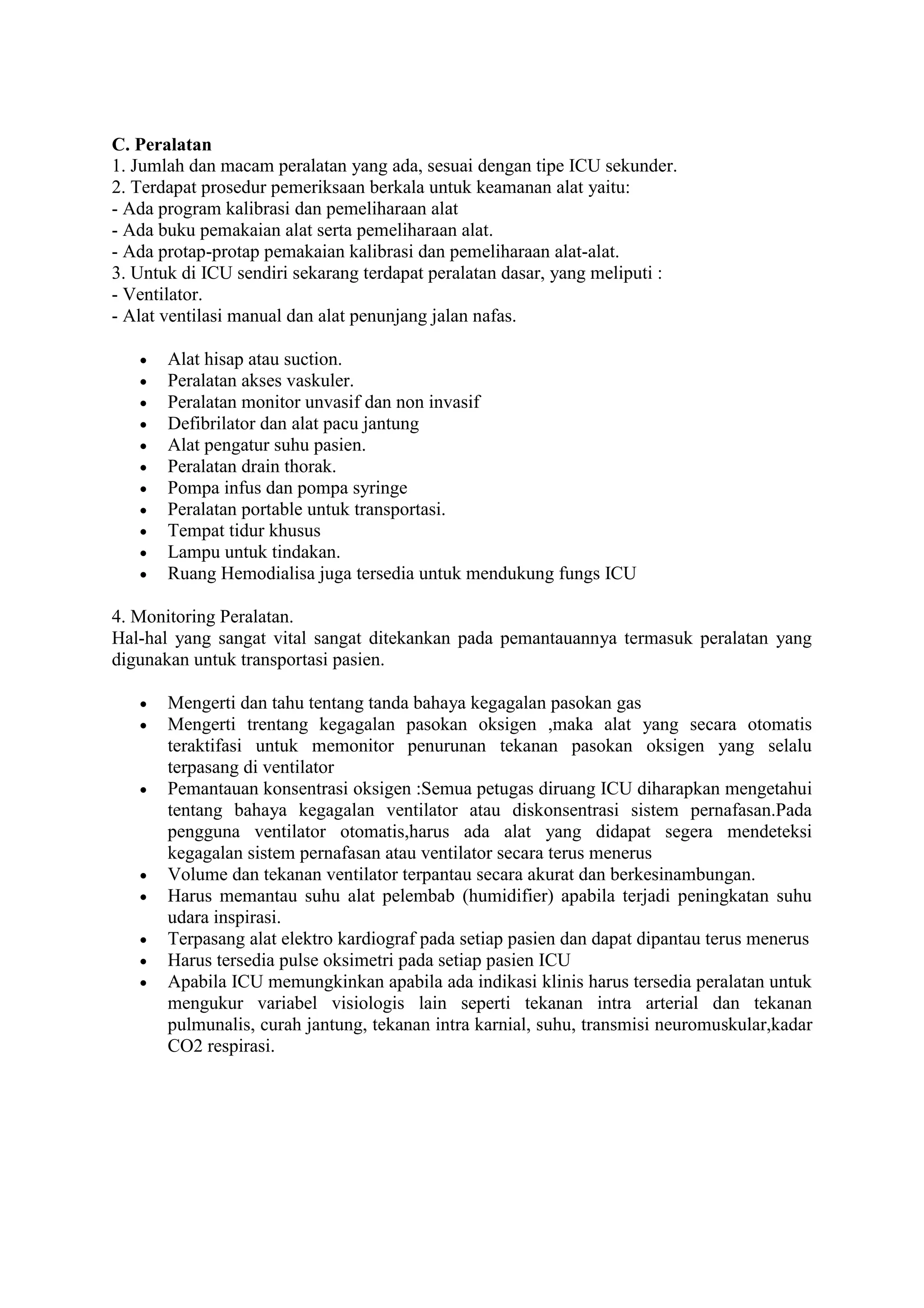 Fasilitas dan peralatan wajib icu | DOCX