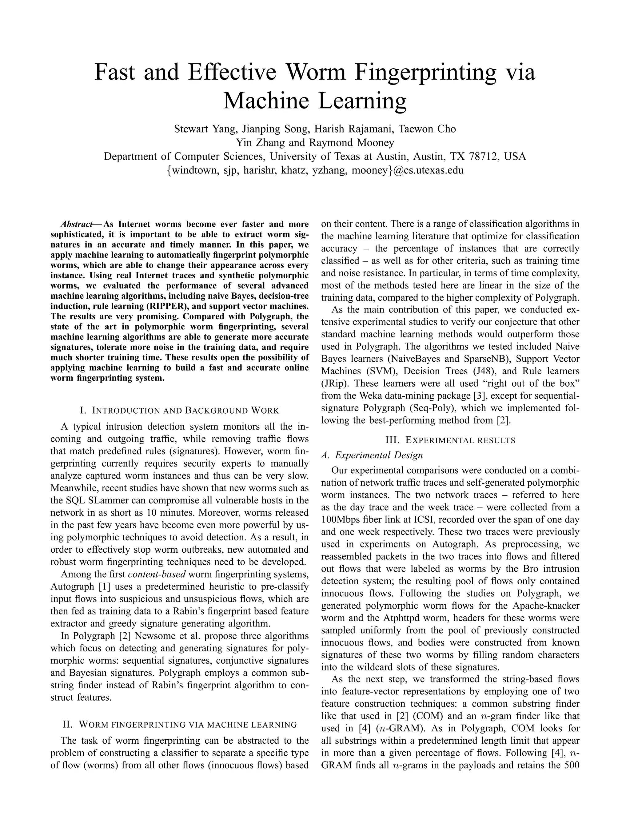 Fast and Effective Worm Fingerprinting via Machine Learning | PDF