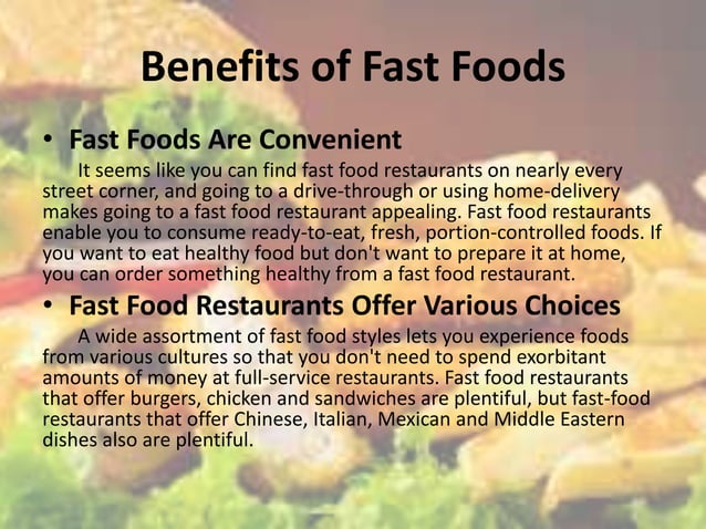 Fast food benefits and health risks | PPTX | Food Industry | Industries