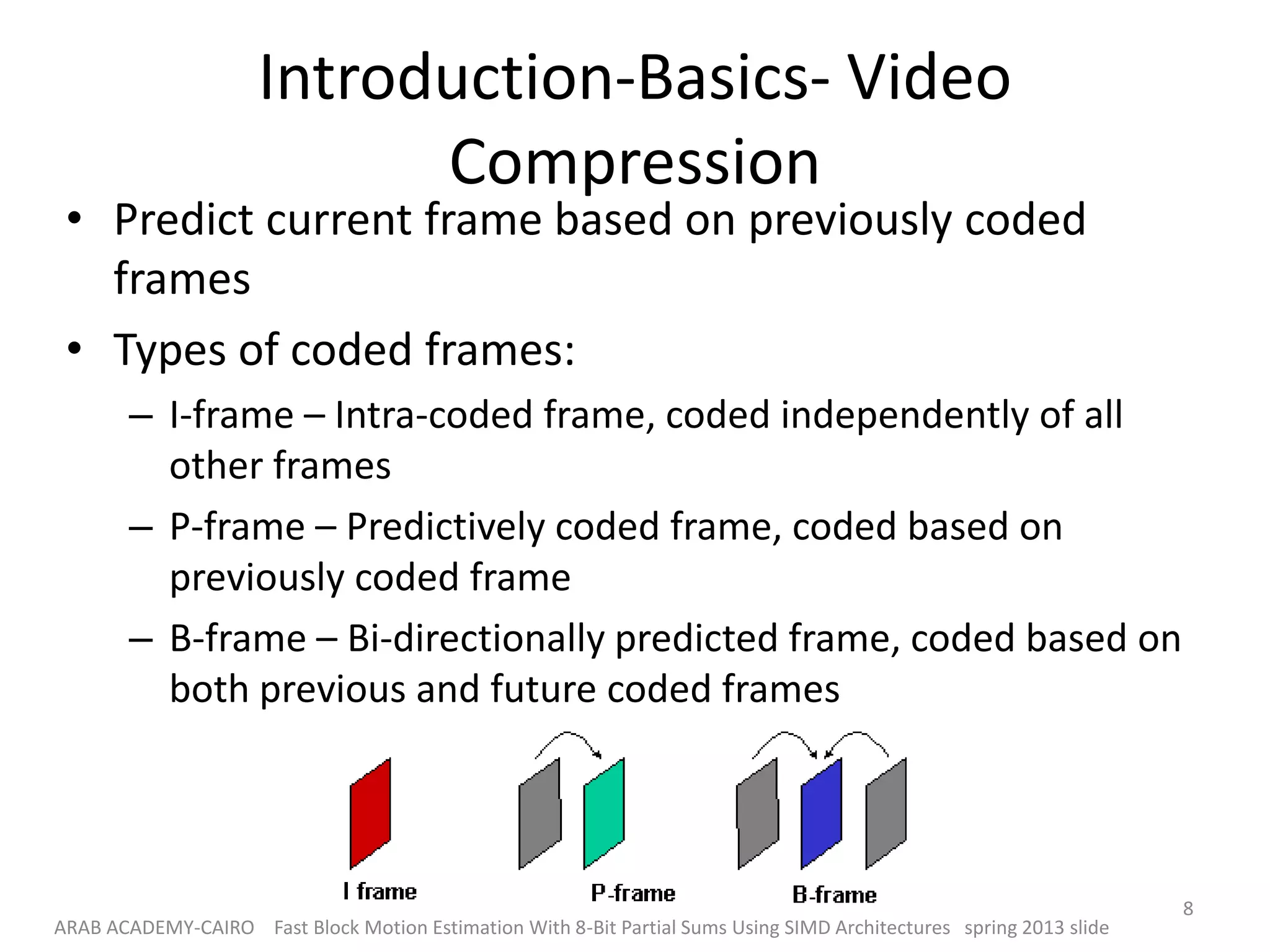 Fast Block Motion Estimation With 8 Bit Partial Sums Using Simd