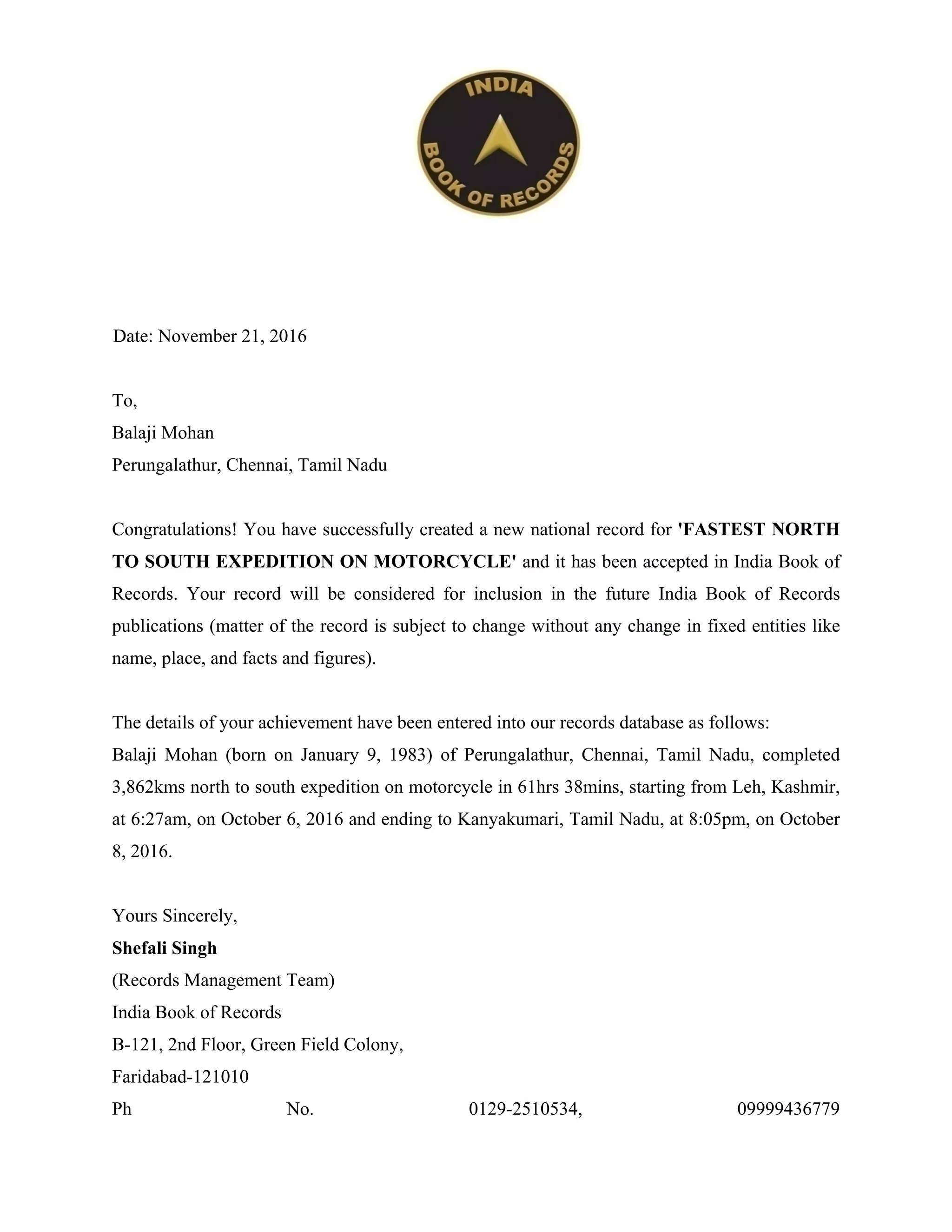 Fastest Leh to Kanyakumari - Official Record | PDF